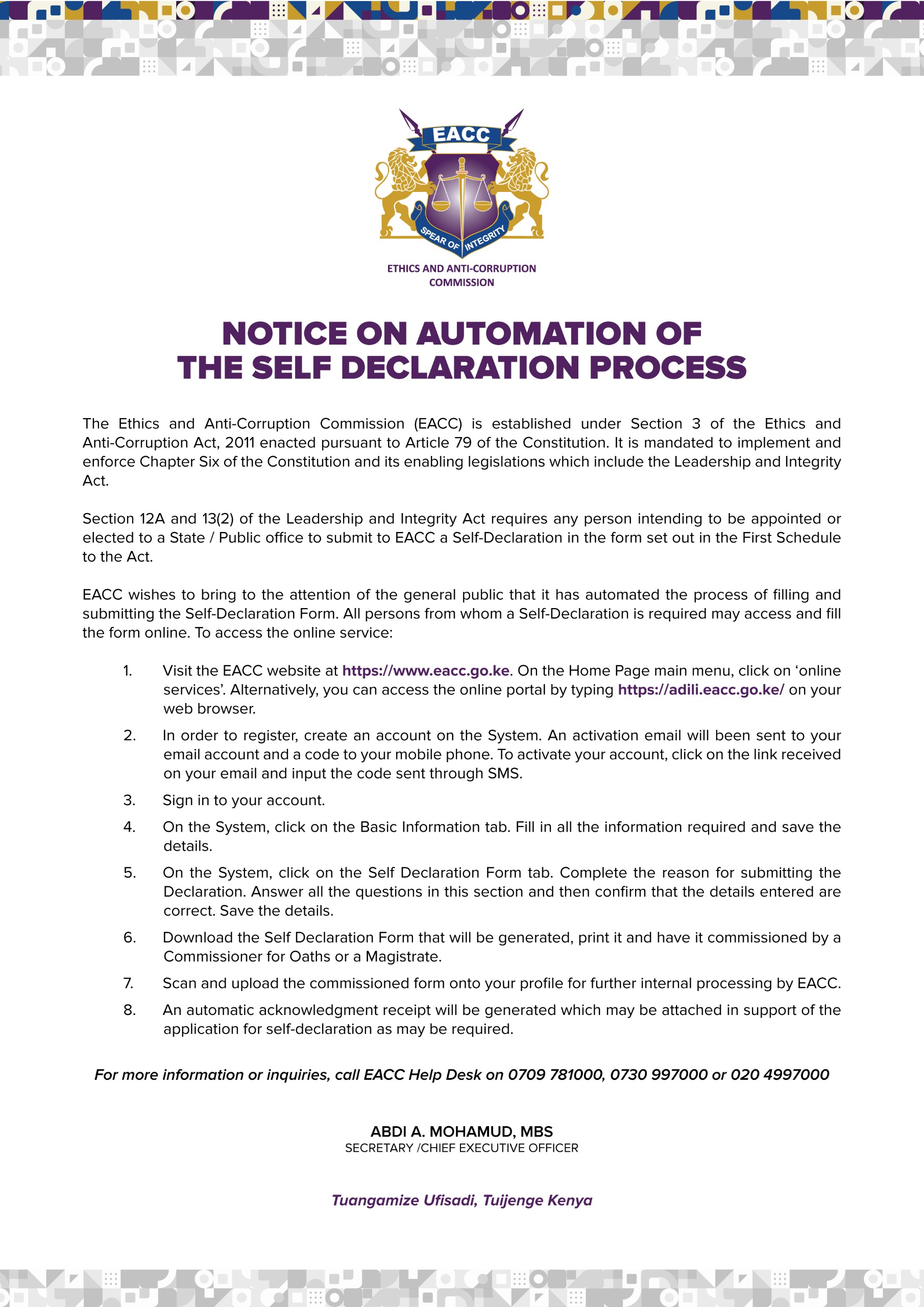 NOTICE ON AUTOMATION OF THE SELF DECLARATION PROCESS - EACC